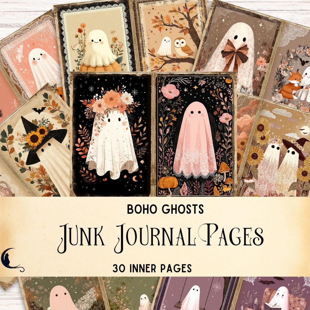 Boho Ghosts Junk Journal Kit, Printable Cottagecore Halloween Ephemera ...