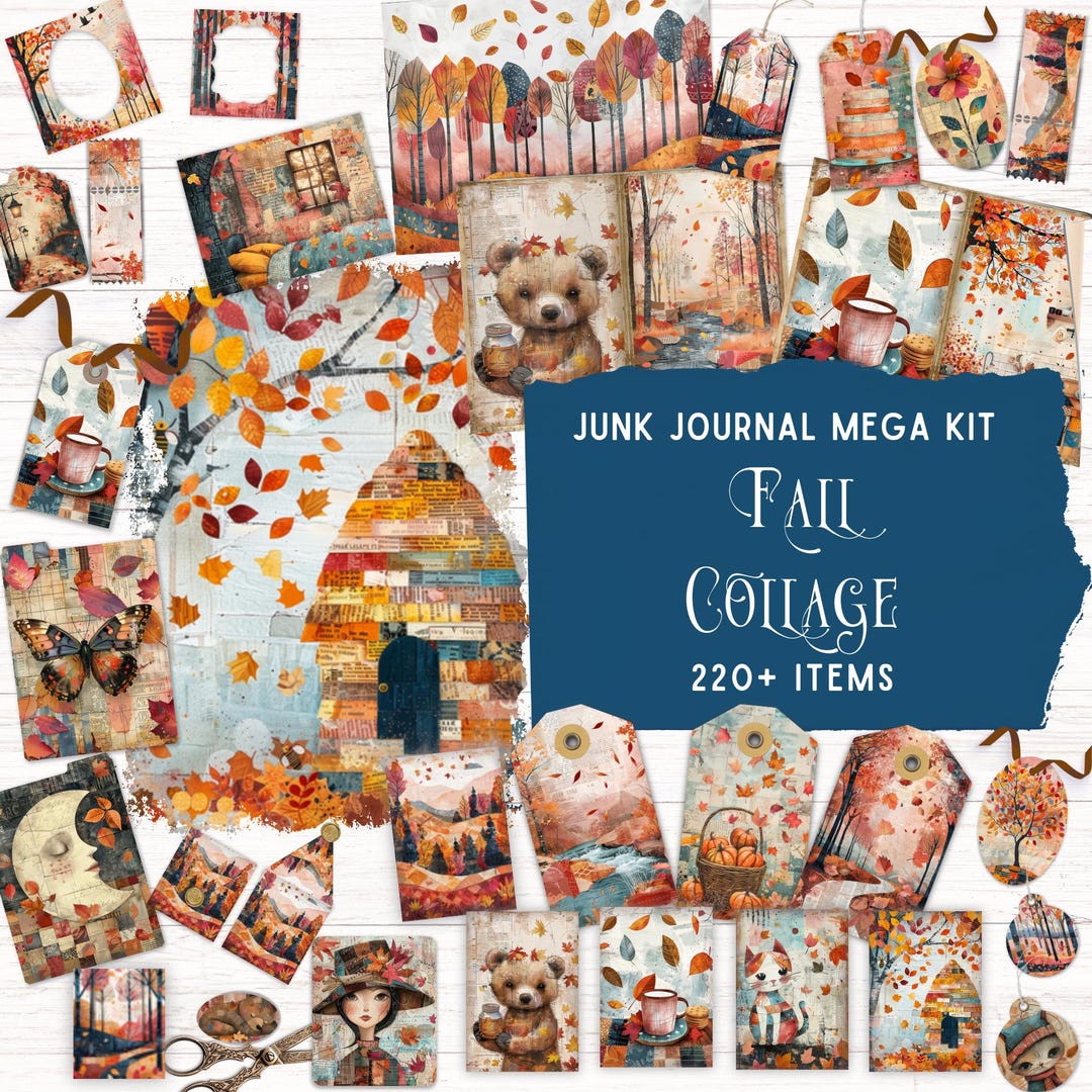 Fall Mixed Media Collage Junk Journal Kit, Printable Autumn Folio ...
