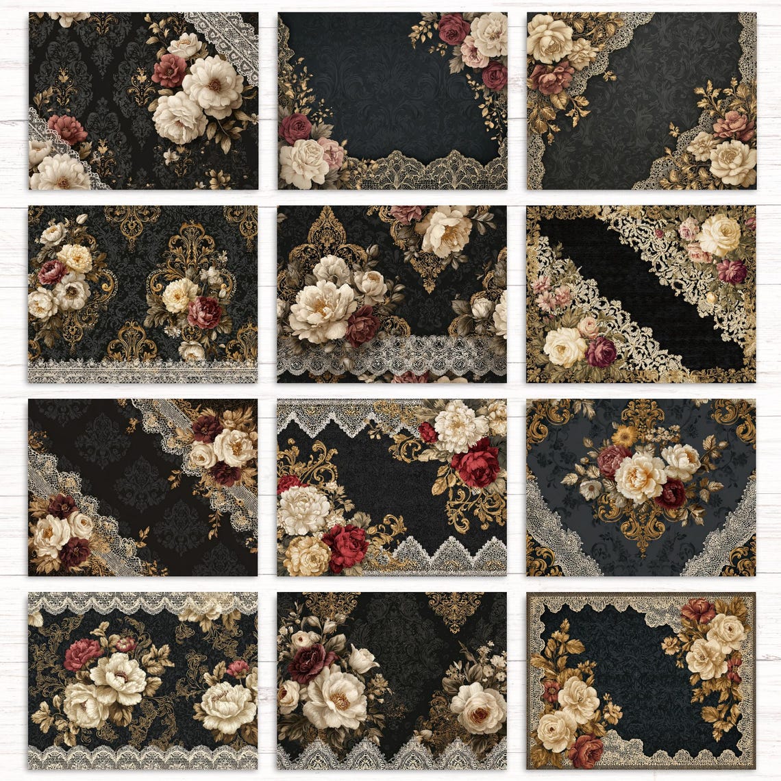 Antique Damask & Lace Digital Paper, Vintage Black Junk Journal ...