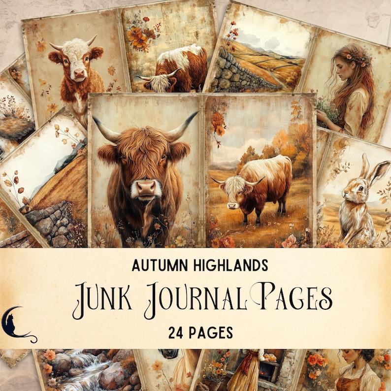 Highland Cow Junk Journal Pages, Autumn Watercolor Digital Paper ...
