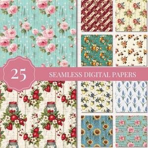 Seamless Retro Floral Digital Paper, Printable Backgrounds, Shabby Chic ...