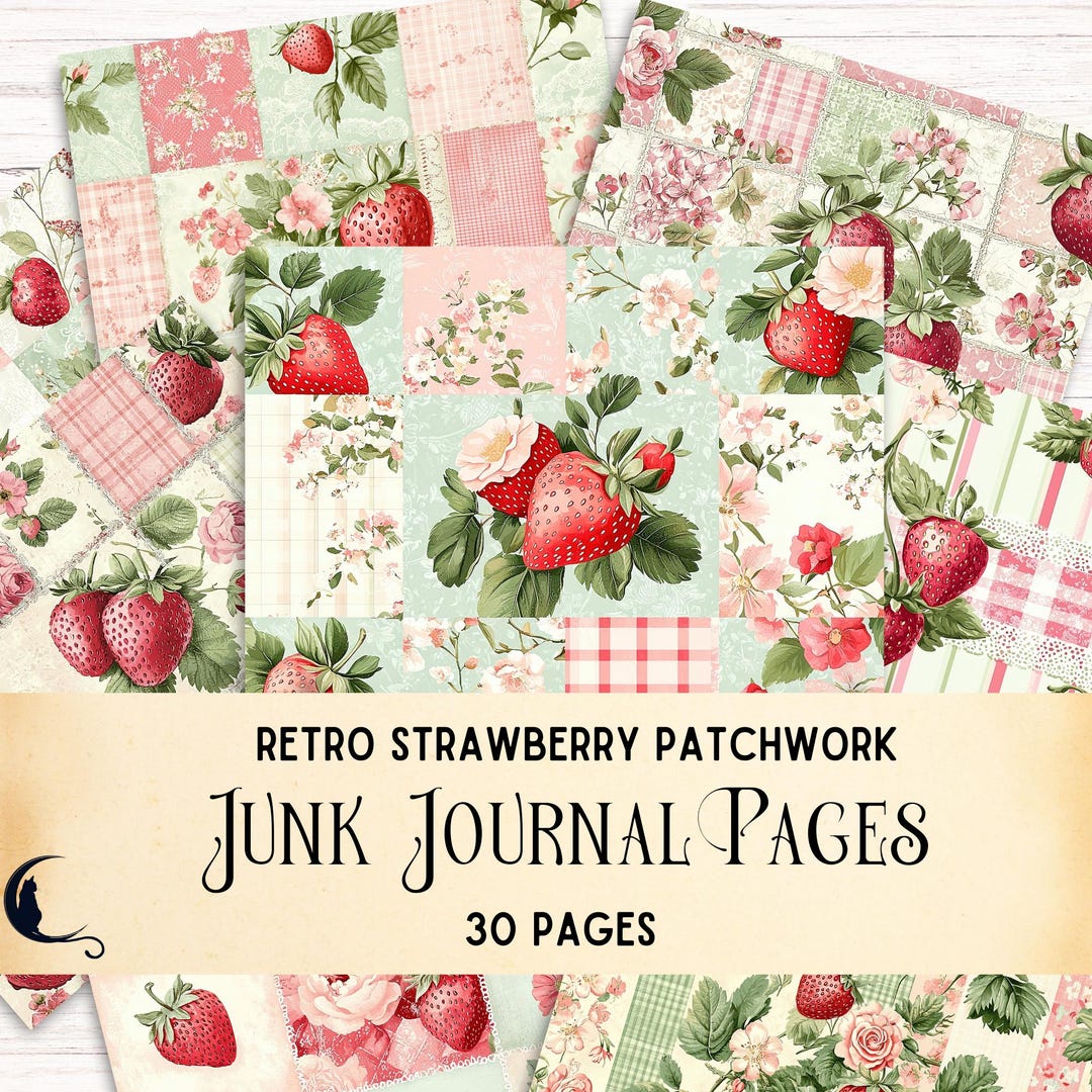 Retro Strawberry Patchwork Junk Journal Pages, Gingham Digital Paper ...