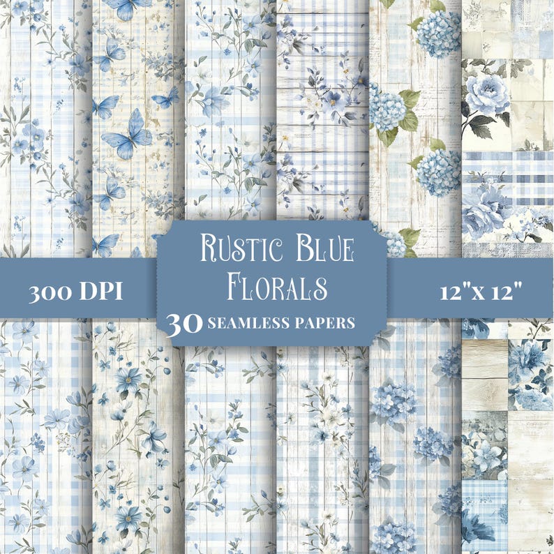 Seamless Rustic Blue Floral Pattern Gingham Wood Vintage Digital Paper ...