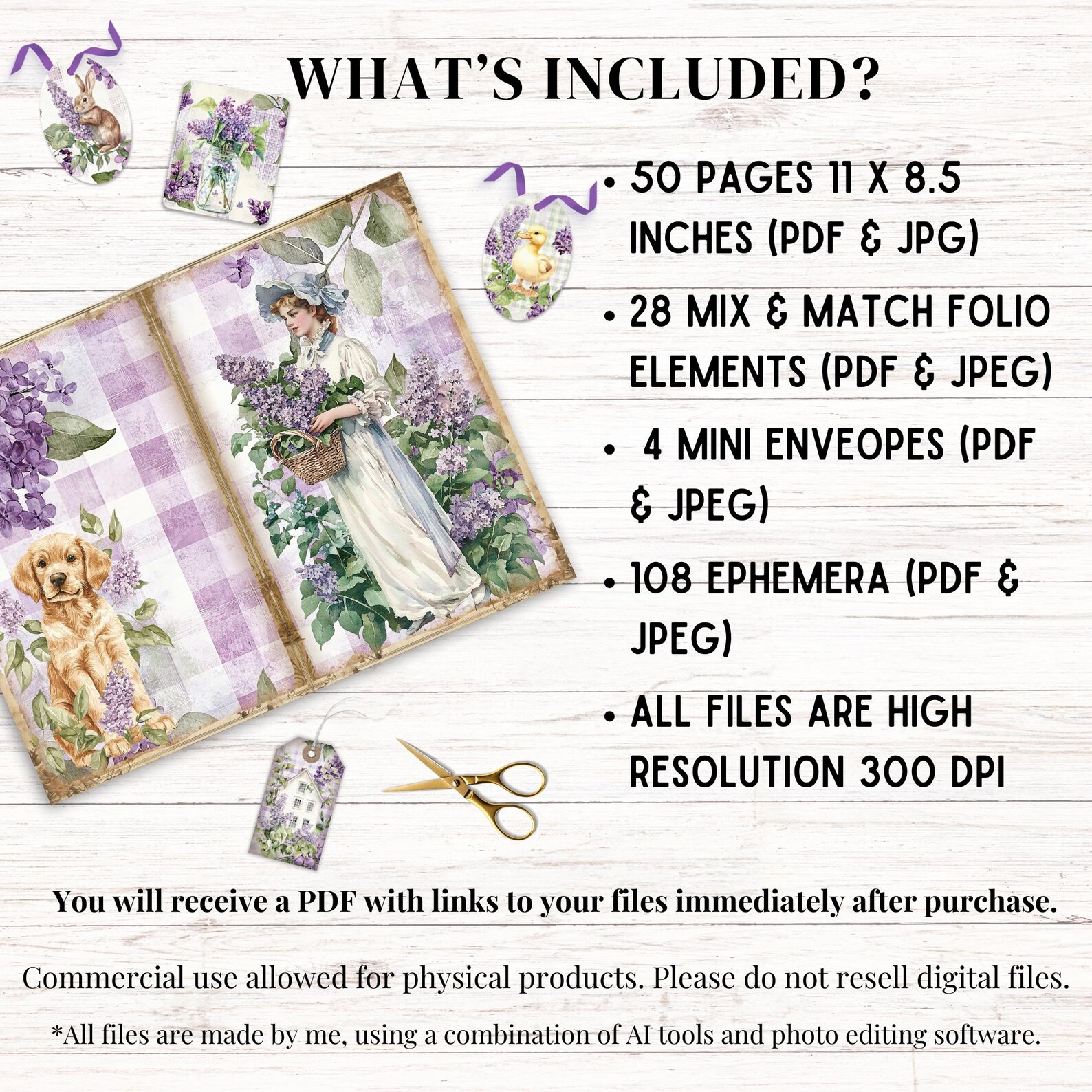 Lilac Gingham Junk Journal Kit, Shabby Vintage Ephemera, Printable ...