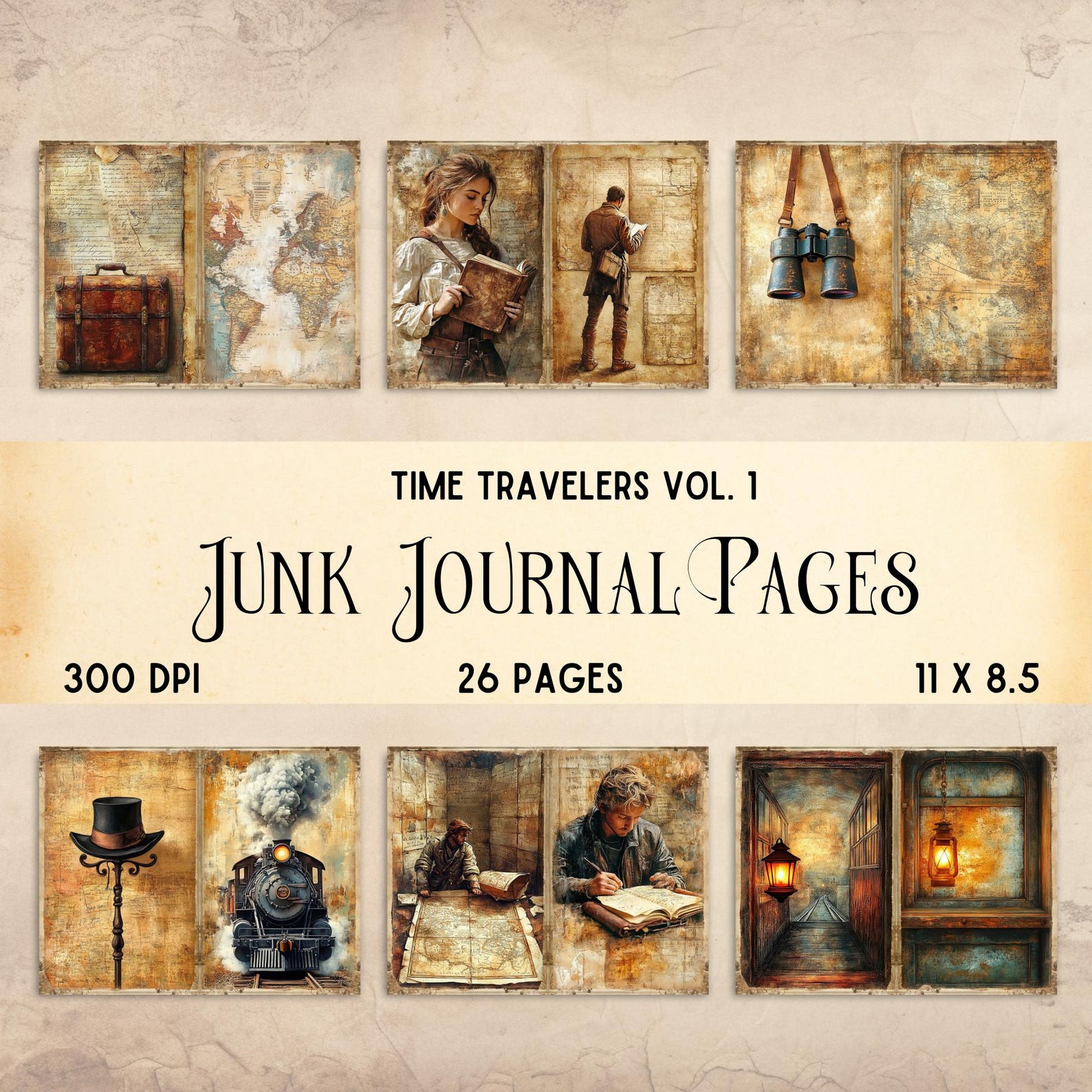 Time Travel Junk Journal Pages, Printable Explorers Digital Paper ...
