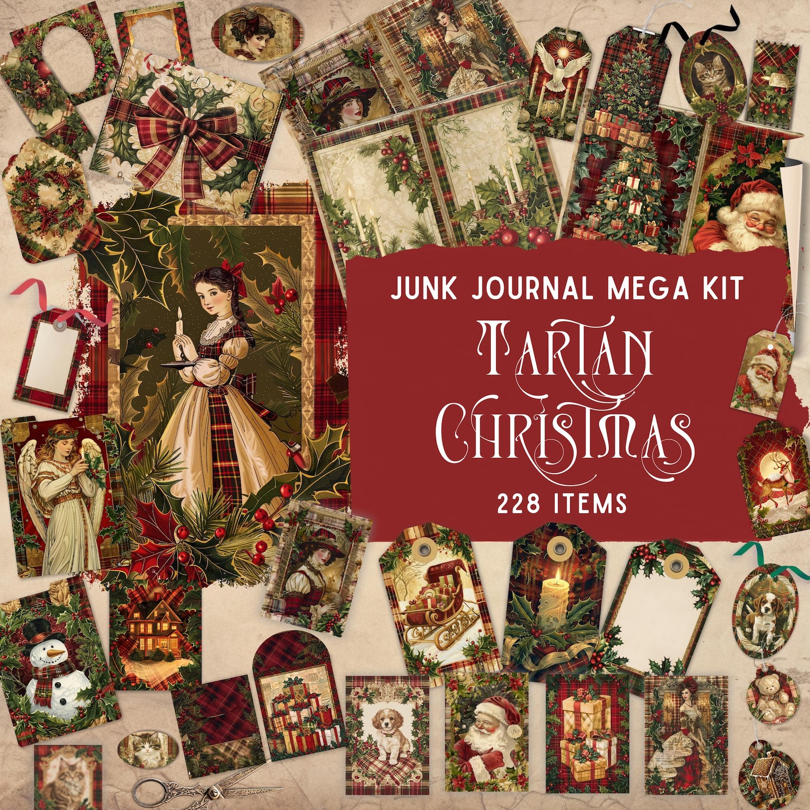Vintage Christmas Tartan Junk Journal Kit, Traditional Christmas, Paper ...