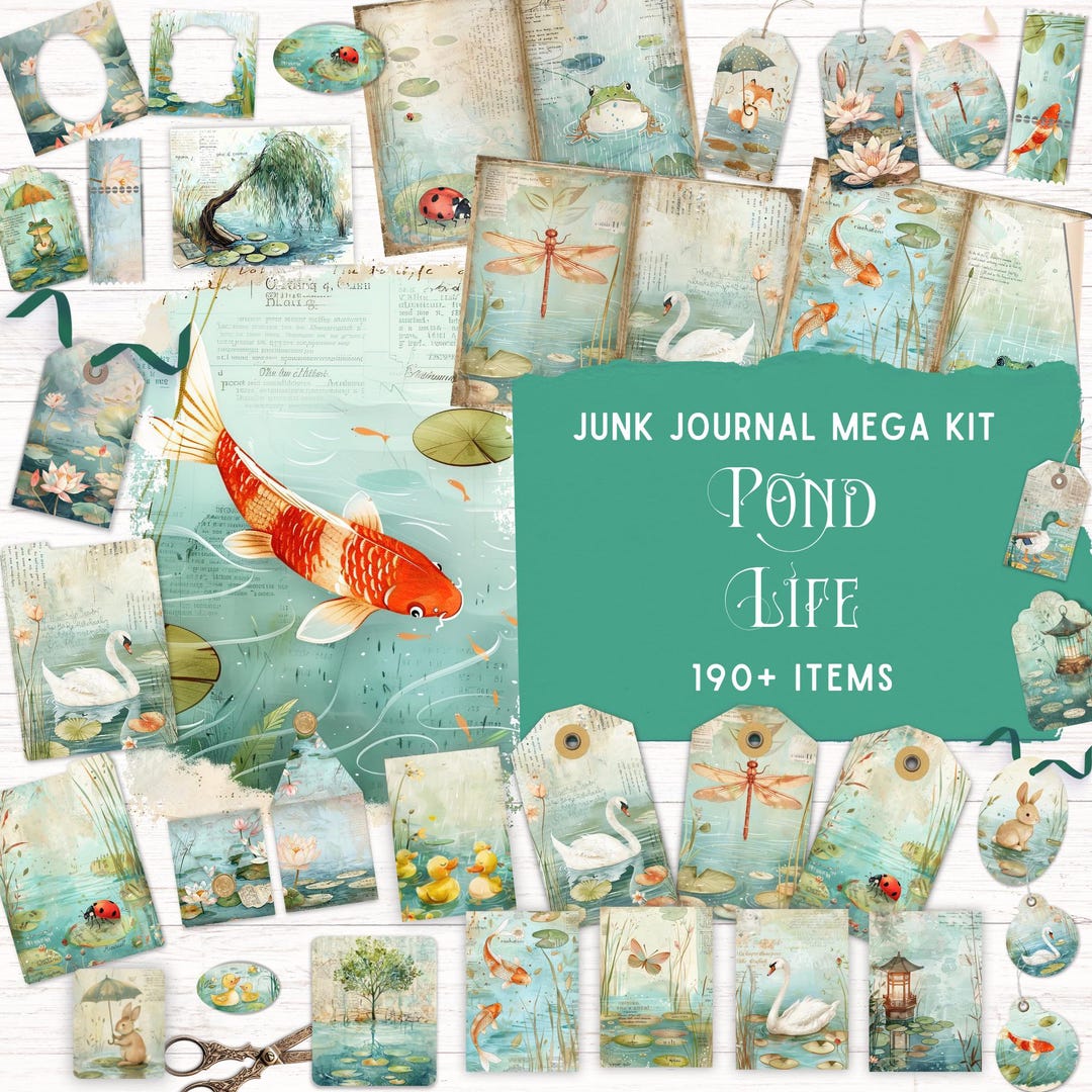 Pond Junk Journal Kit, Vintage Ephemera, Printable Folio Pocket, Koi ...