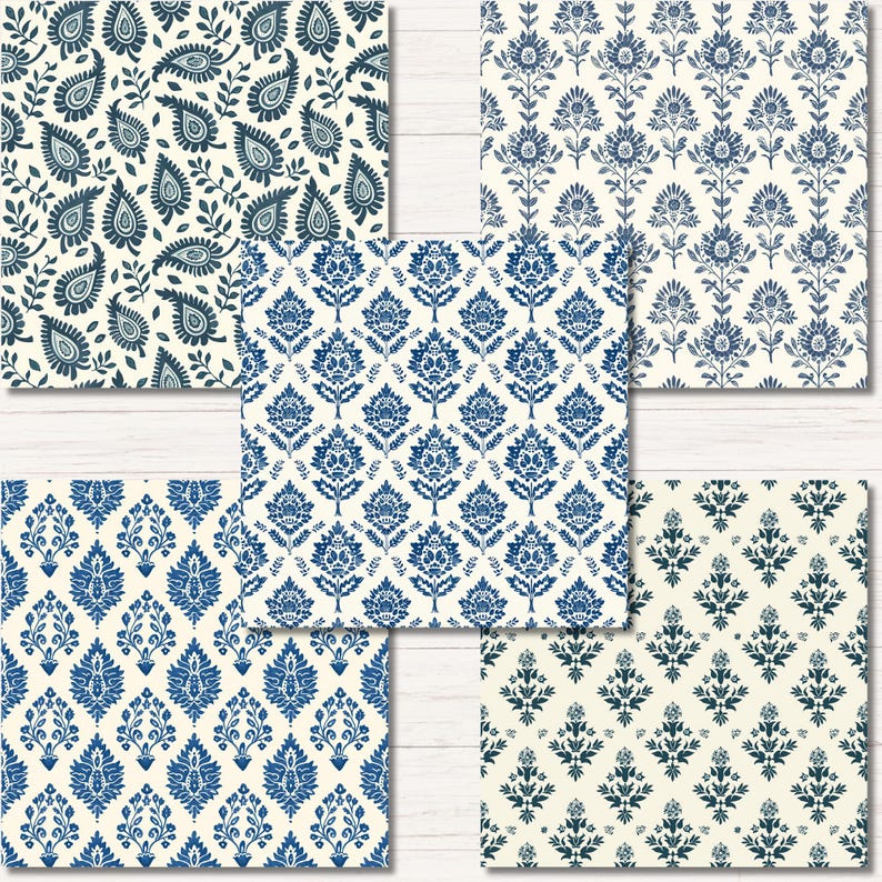 Indian Block Print Digital Paper, Seamless Floral Patterns, Printable ...