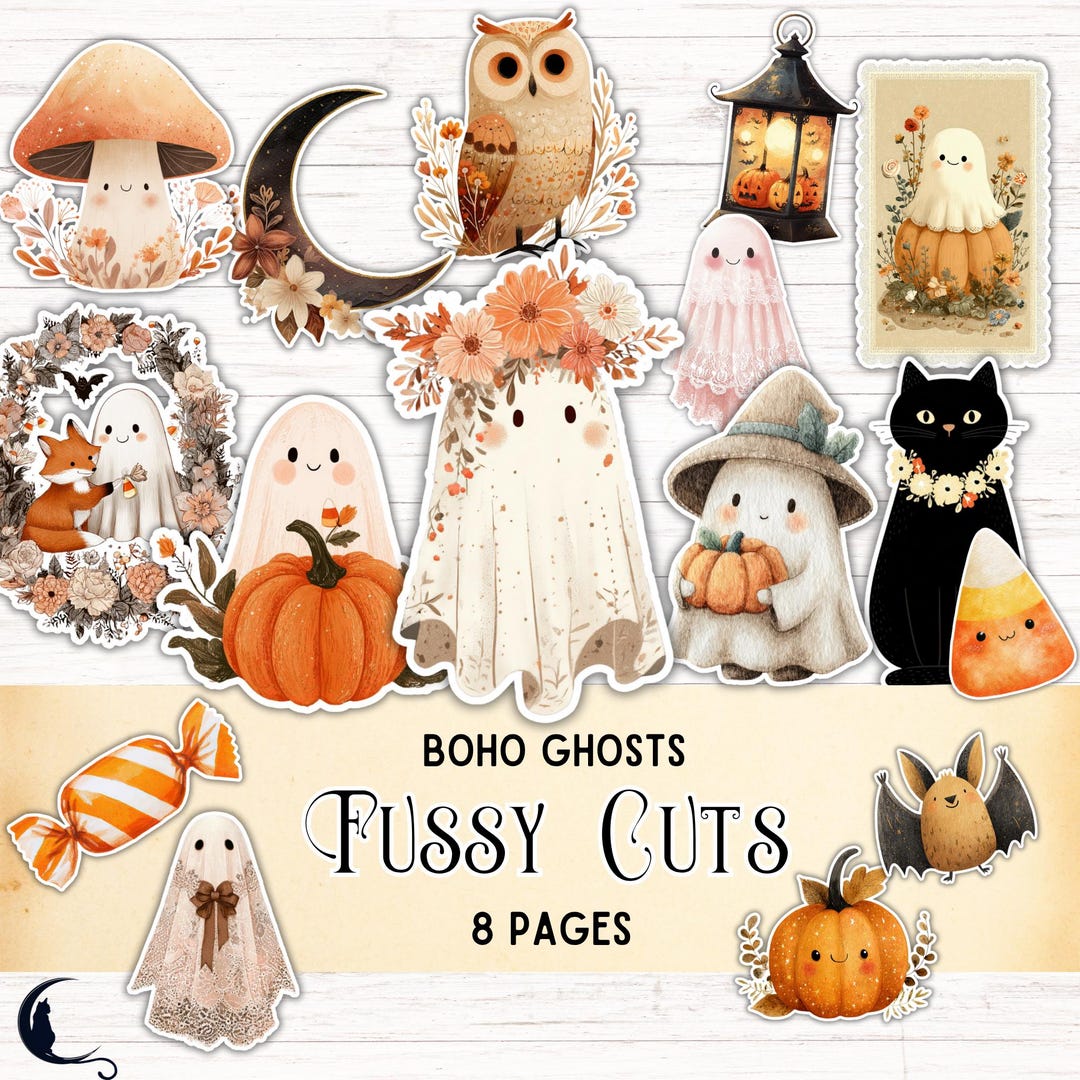 Boho Ghosts Fussy Cuts, Whimsical Halloween Ephemera, Printable Spooky ...
