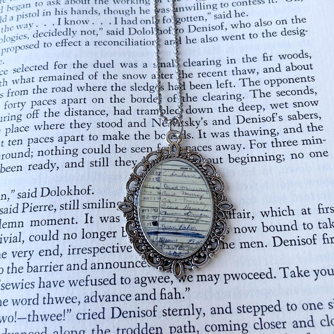 LIBRARY BOOK Sign-out CARD Silver Oval Pendant Necklace, Book Lover ...