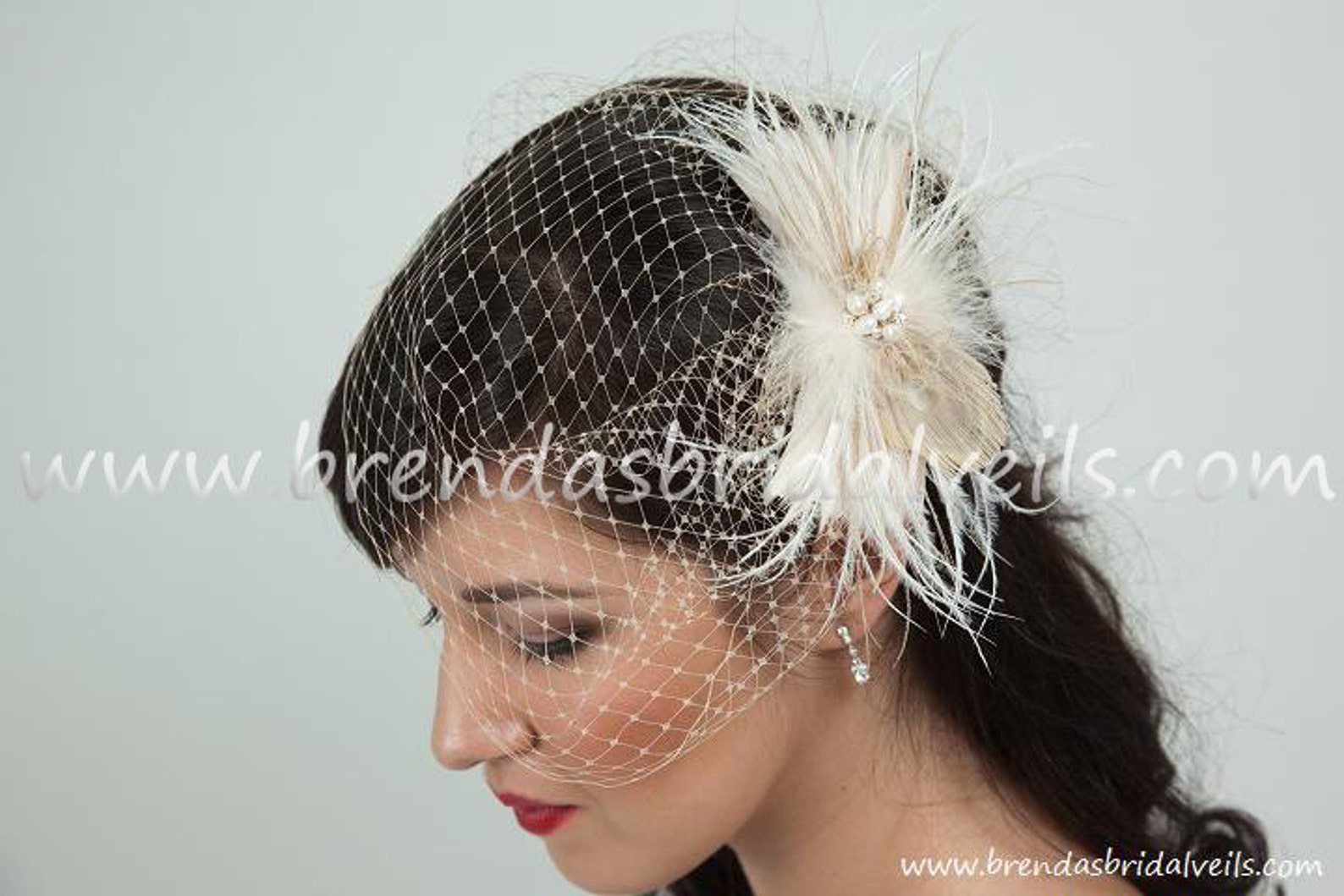 Bridal Veil With Feather Fascinator Champagne Wedge Birdcage - Etsy