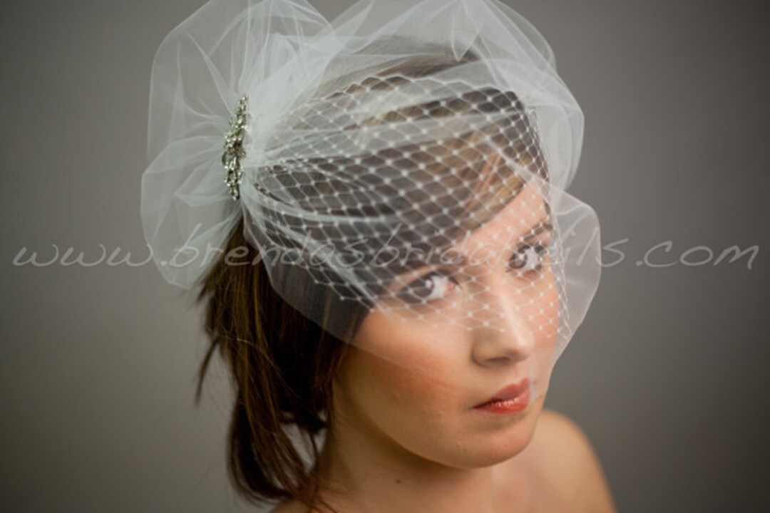 Bridal Veil Set, Double Layer Bandeau Birdcage Veil Tulle Over Netting ...