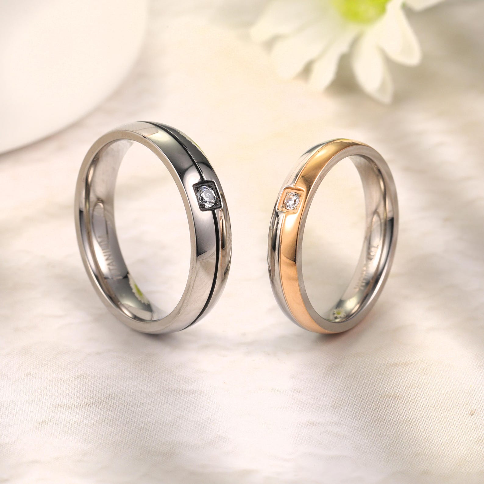 Titanium Steel Couple's Rings Set | Moissanite Inlay | Men's & Women's ...