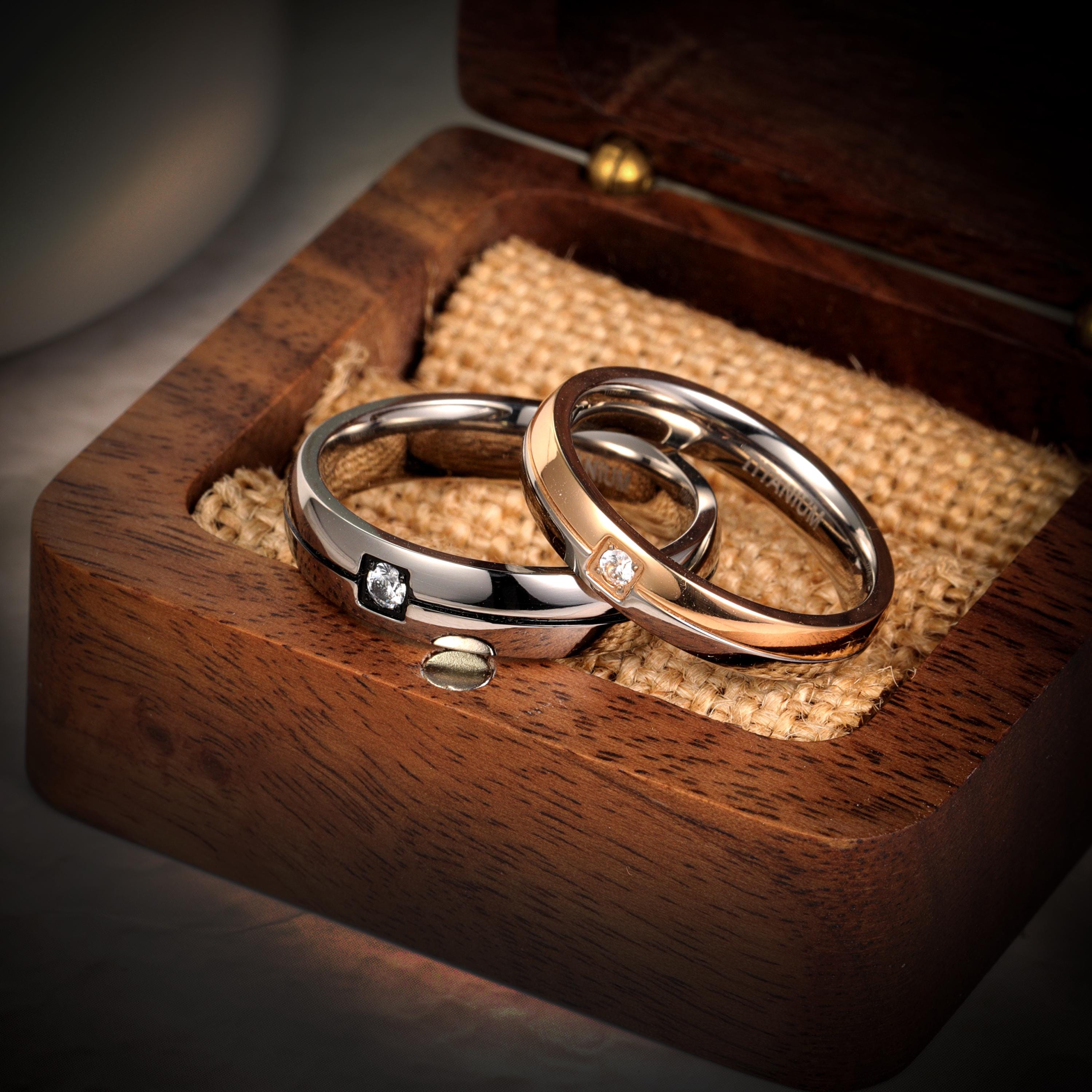 Titanium Steel Couple's Rings Set | Moissanite Inlay | Men's & Women's ...