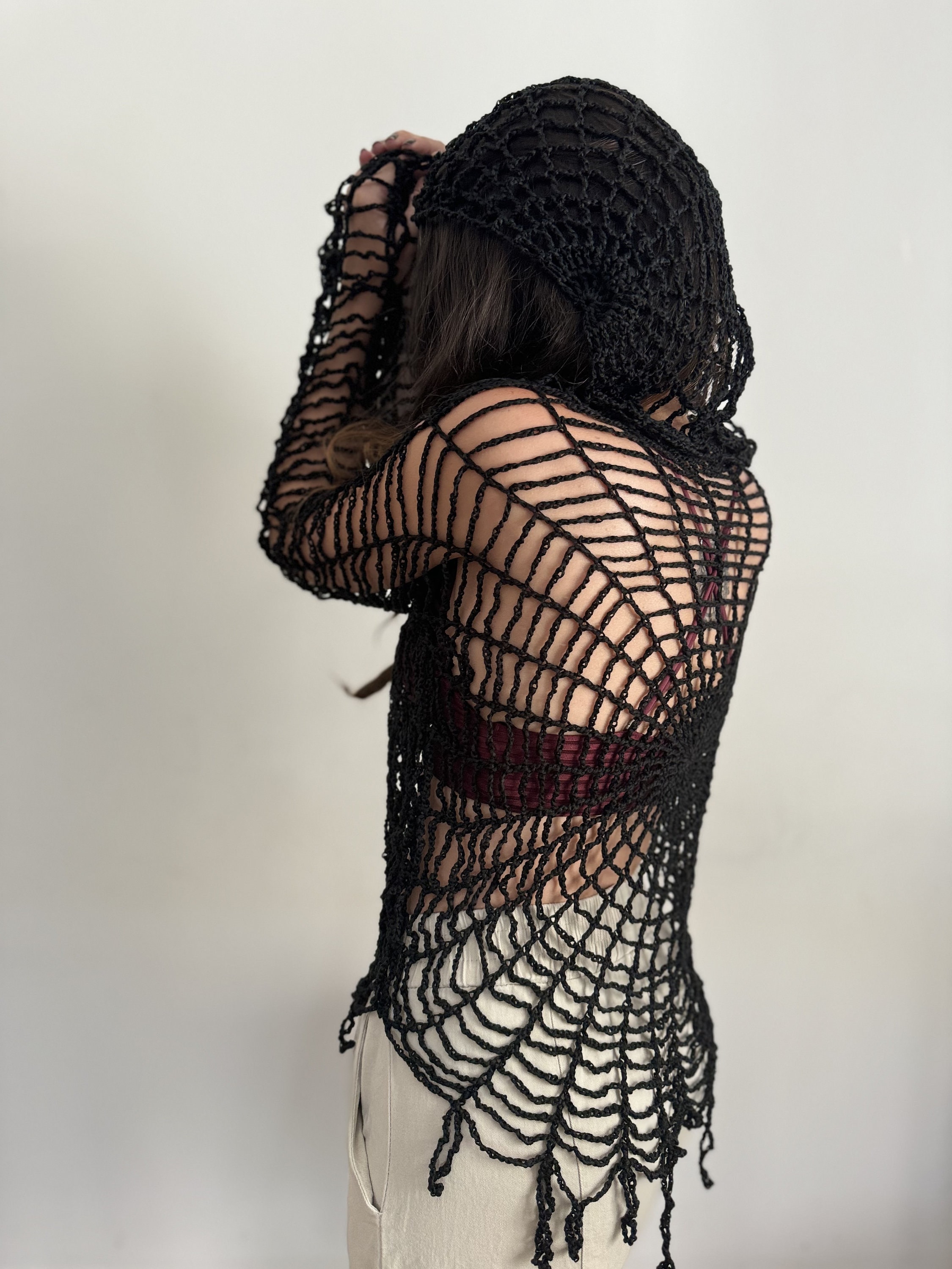 Black Spiderweb Crochet Long Sleeve Crop Top, Halloween Crochet ...