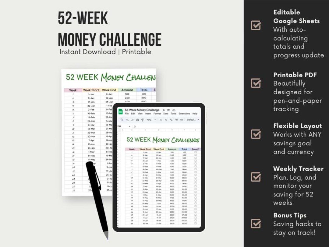 52-week Money Challenge Tracker (digital and Printable Format) - Etsy