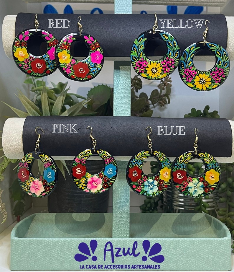Mexican Artisanal Earrings, Hand Painted Madera De Copal Stainless ...