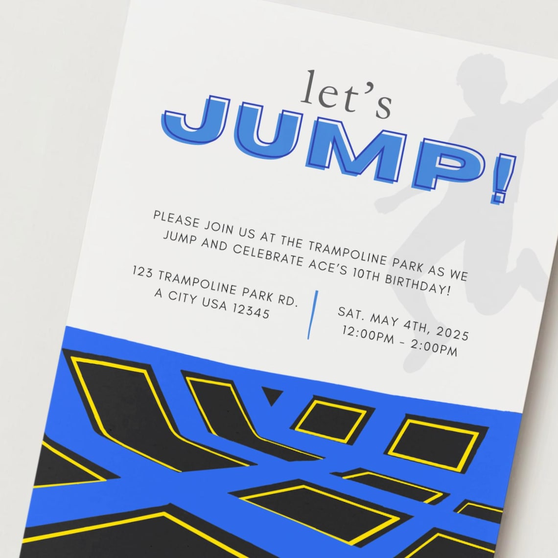Boys Jump Party Invitation, Editable Blue Trampoline Park Invite ...