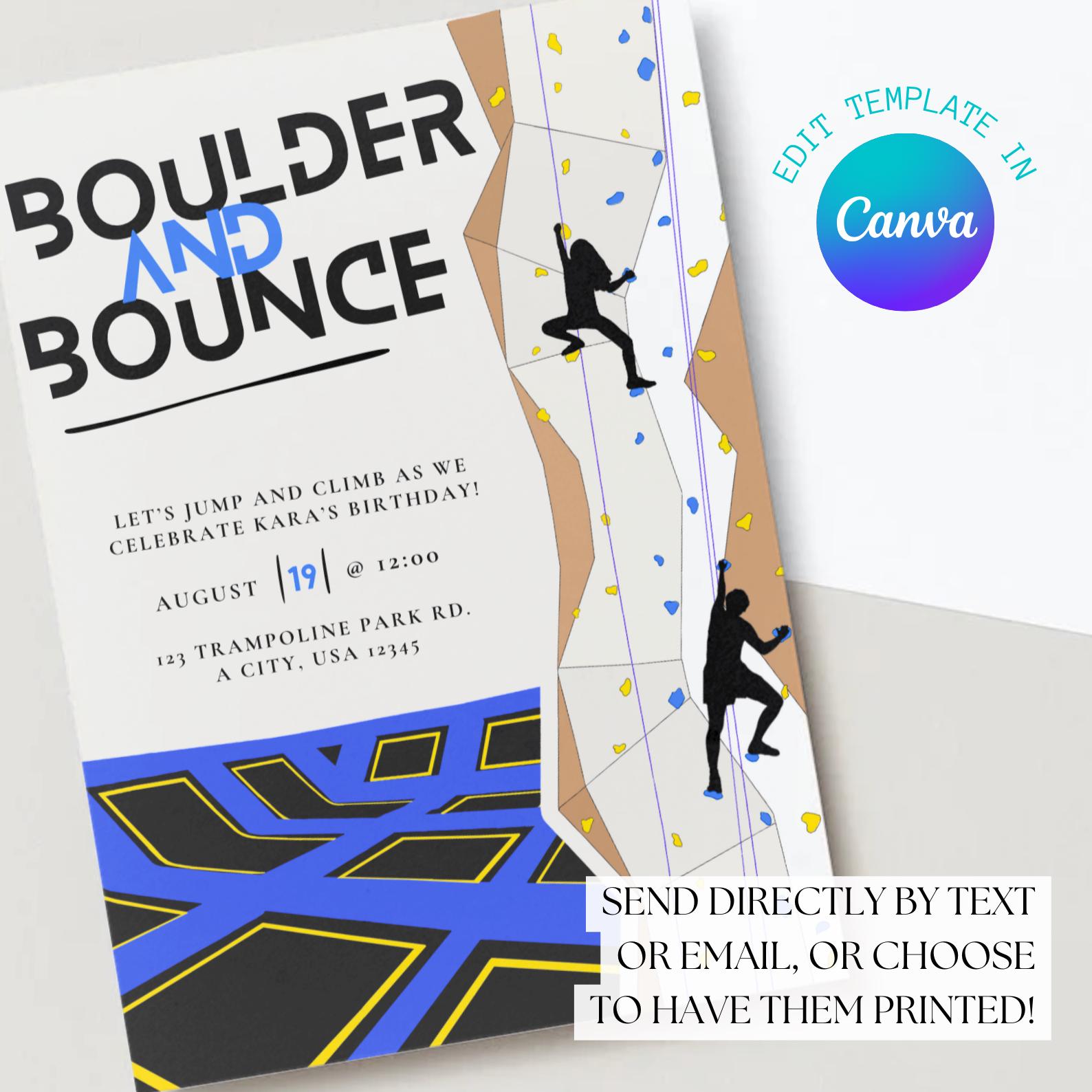 Boulder 'N Bounce Invitation Template, Rock Wall Trampoline Park ...