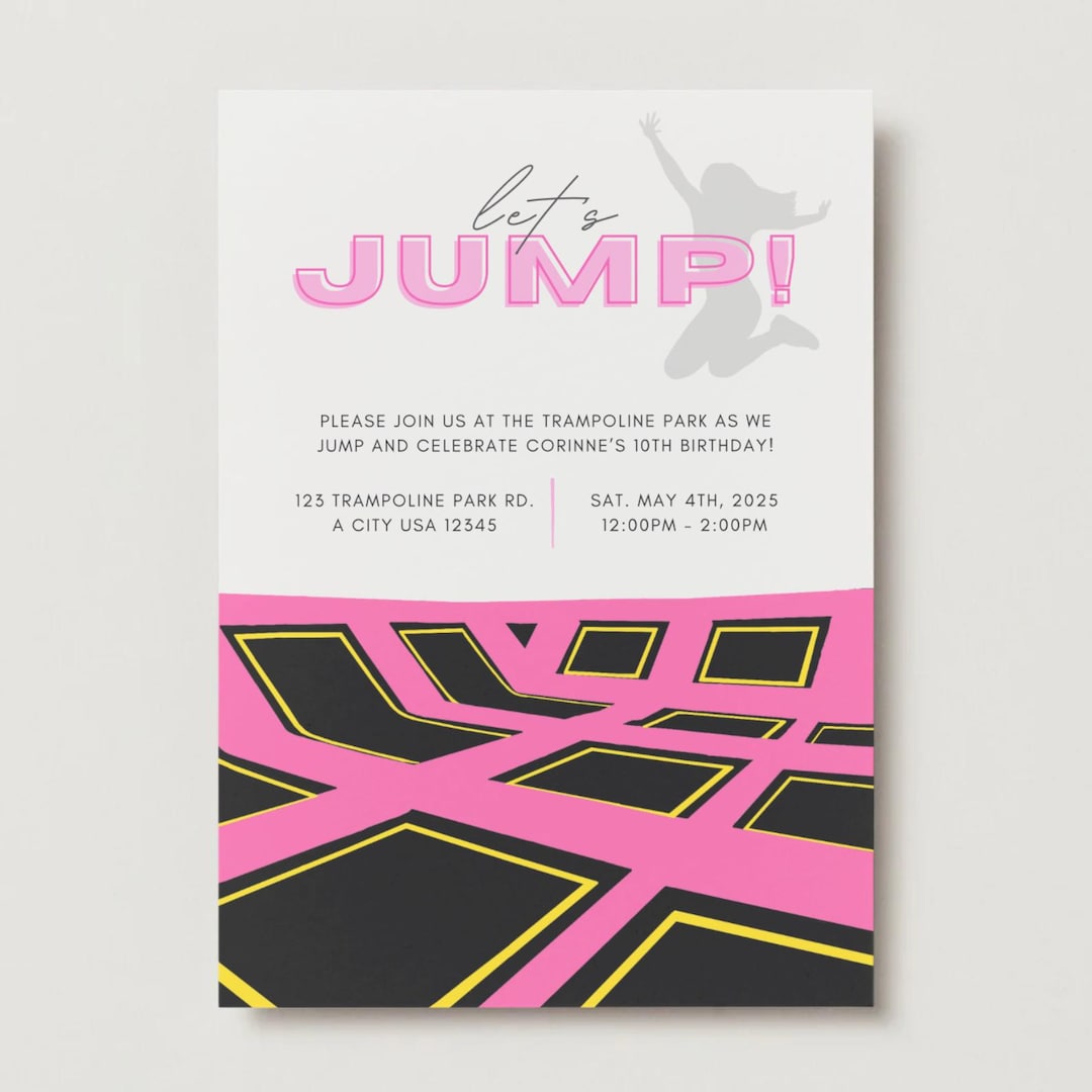 Girls Jump Party Invitation, Editable Pink Trampoline Park Invite ...