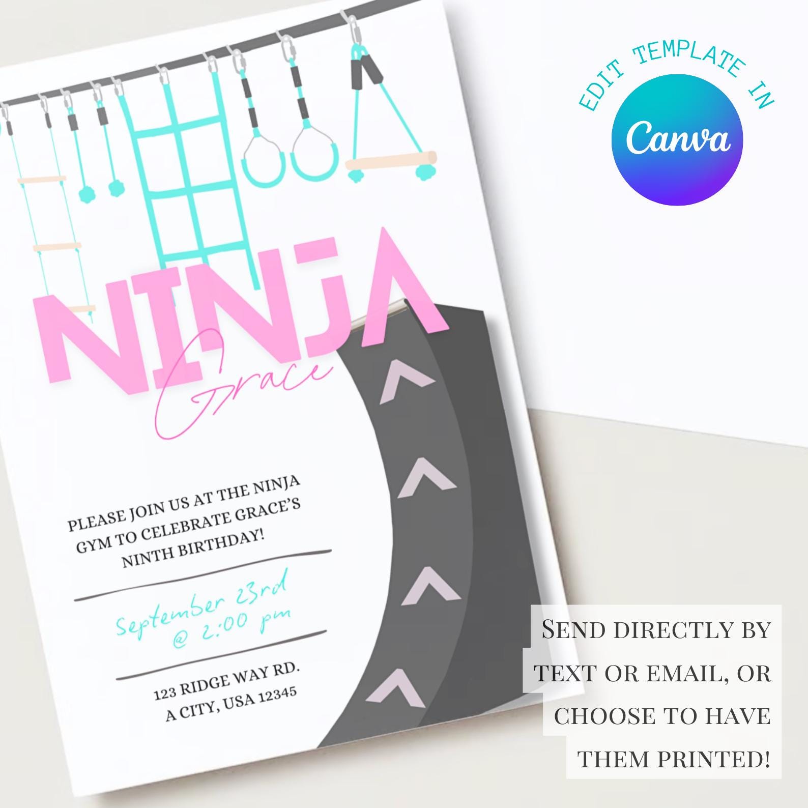 Editable Girls Ninja Invitation Digital, Girls Ninja Warrior Birthday ...