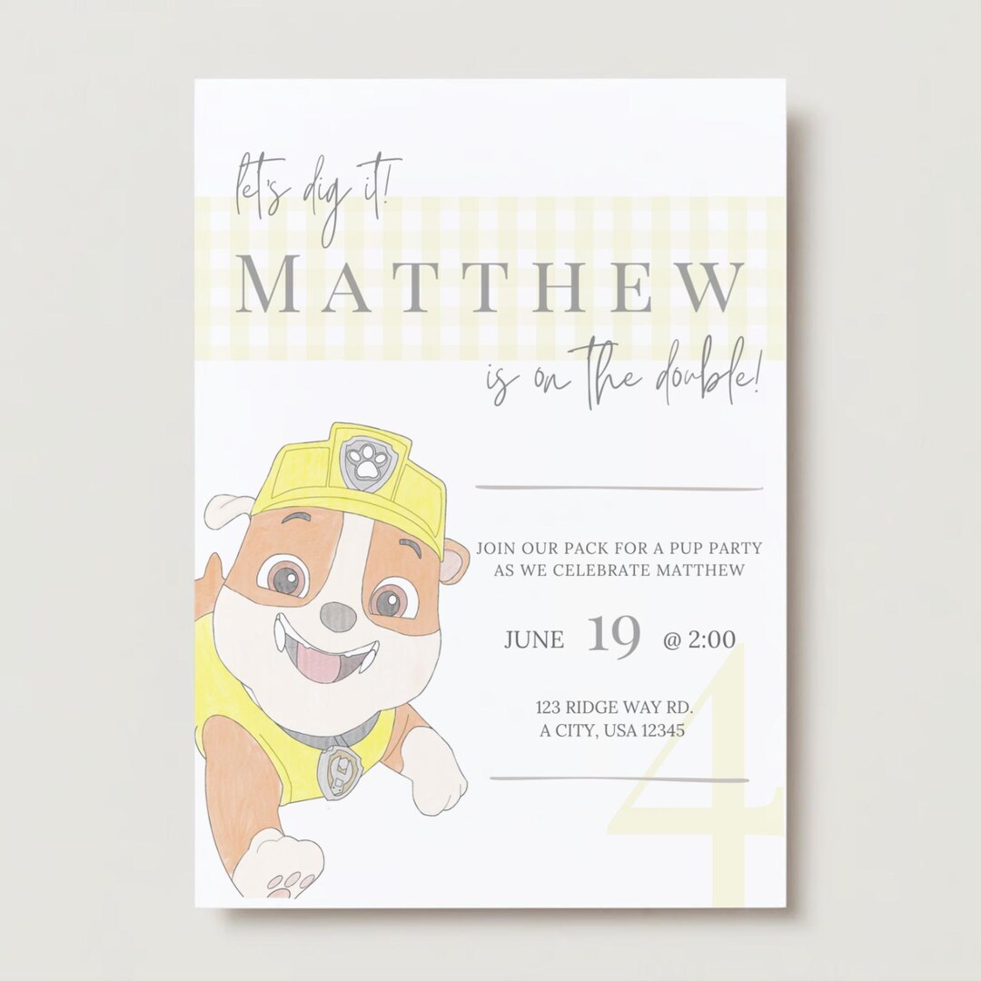 Editable Rubble Invitation, Paw Patrol Birthday Invitation Kids ...