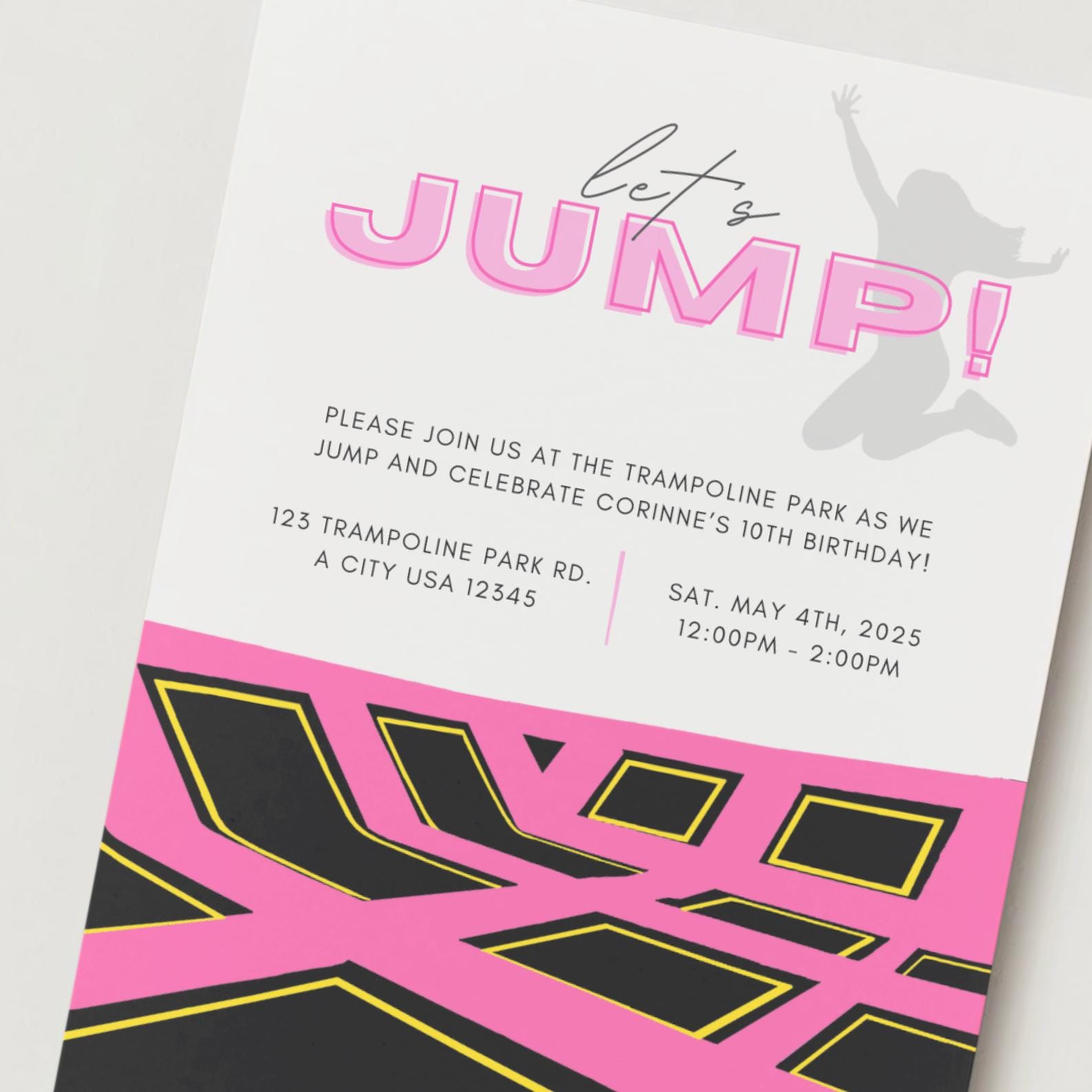 Girls Jump Party Invitation, Editable Pink Trampoline Park Invite ...