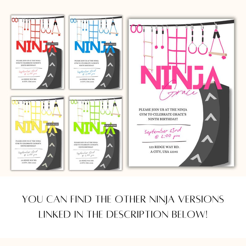 Editable Girls Ninja Warrior Invitation, Girls Ninja Warrior Birthday ...