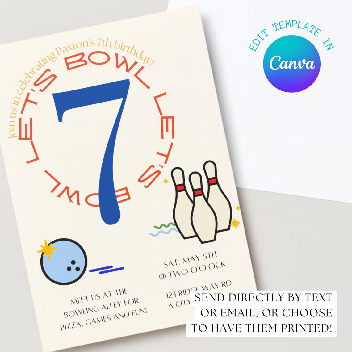 Editable Let's Bowl Digital Invite, Bowling Themed Birthday Invitation ...