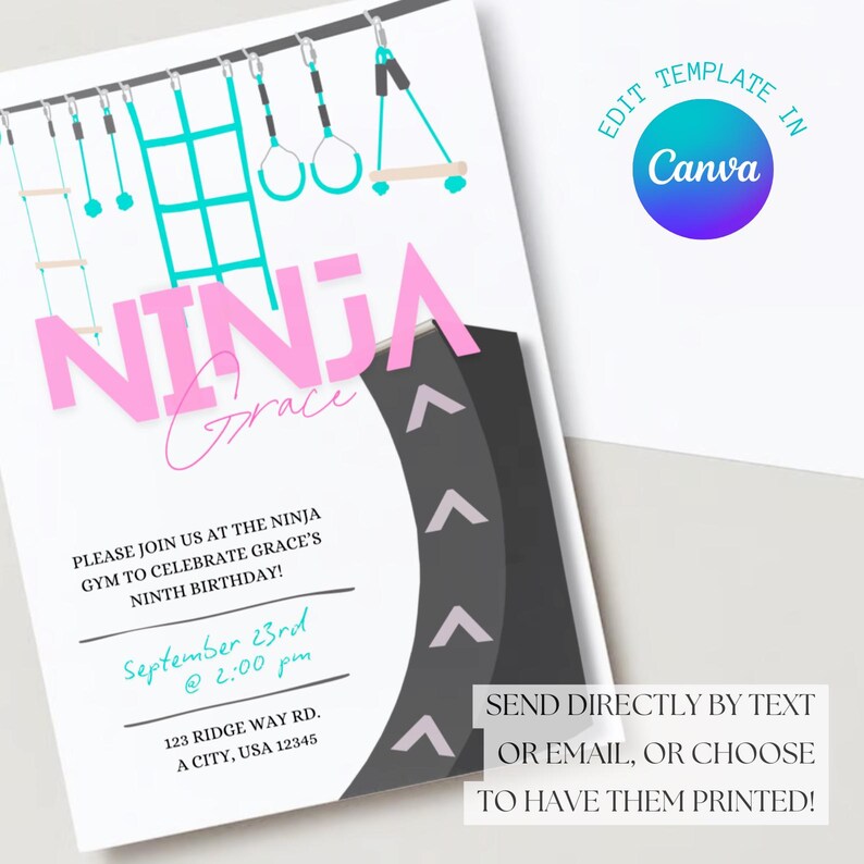 Editable Girls Ninja Warrior Invitation, Girls Ninja Warrior Birthday ...
