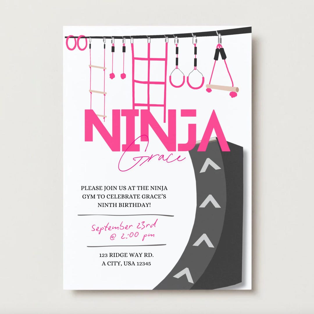 Editable Girls Ninja Warrior Invitation, Girls Ninja Warrior Birthday ...
