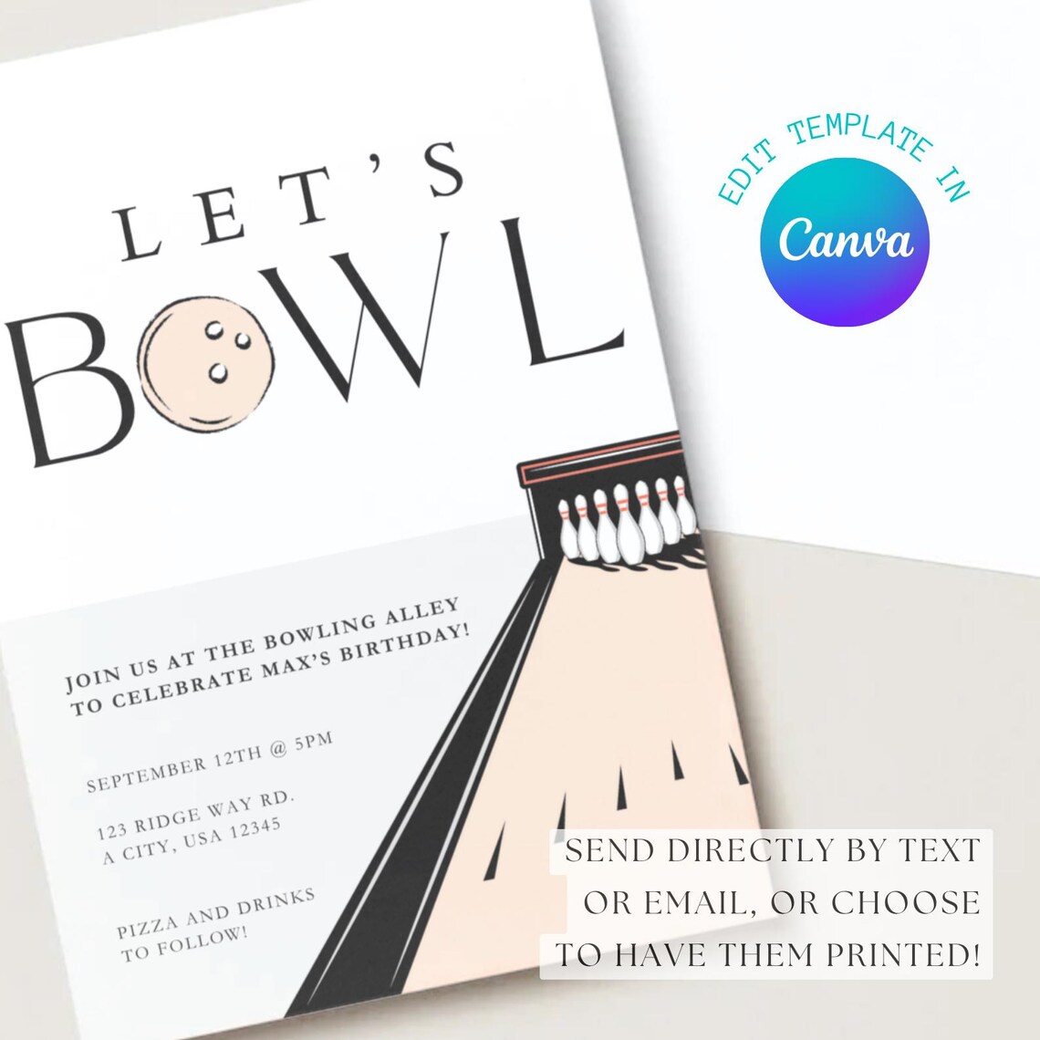 Editable Kids Bowling Birthday Invitation, Minimalist Bowling Ball ...