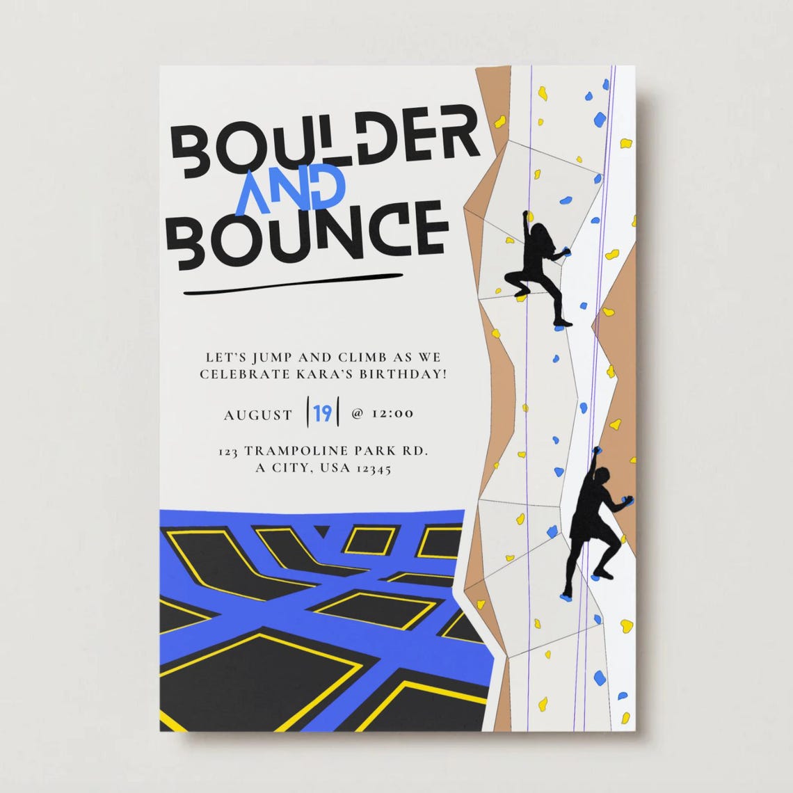 Boulder 'N Bounce Invitation Template, Rock Wall Trampoline Park ...