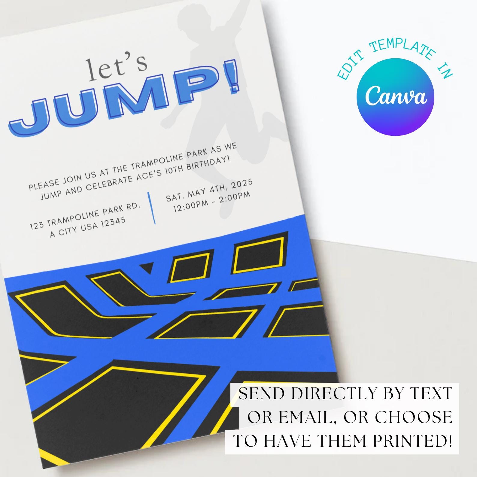 Boys Jump Party Invitation, Editable Blue Trampoline Park Invite ...