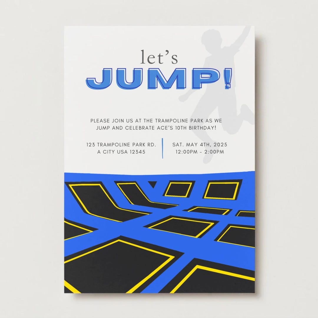 Boys Jump Party Invitation, Editable Blue Trampoline Park Invite ...