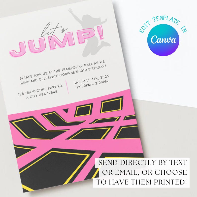 Girls Jump Party Invitation, Editable Pink Trampoline Park Invite ...