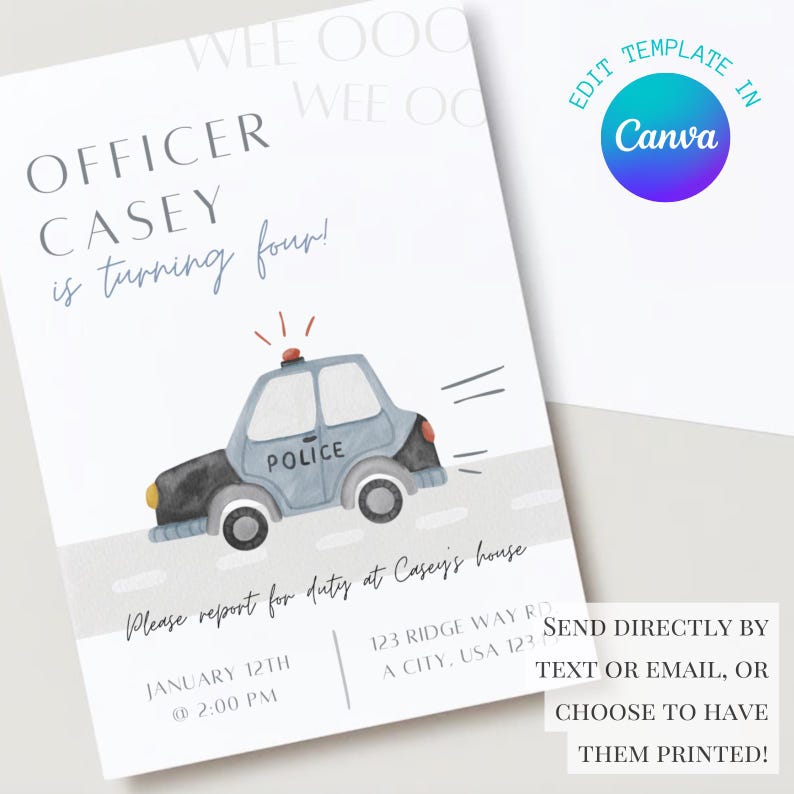 Editable Police Officer Invitation, Boys Digital Policeman Birthday ...