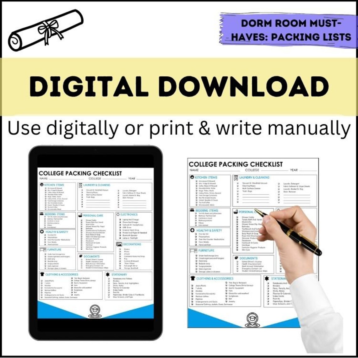 College Essentials Packing Checklists - Dorm Room Packing Lists! - Etsy