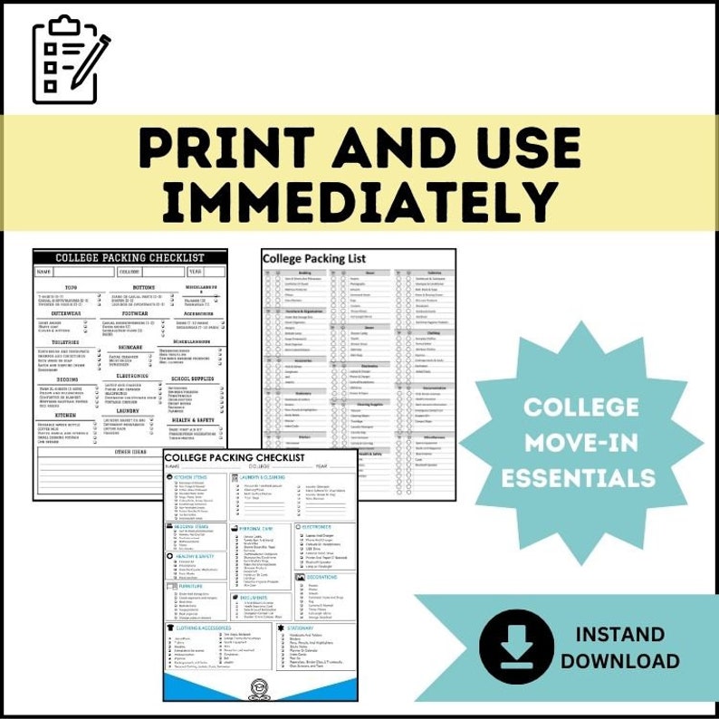 College Essentials Packing Checklists - Dorm Room Packing Lists! - Etsy