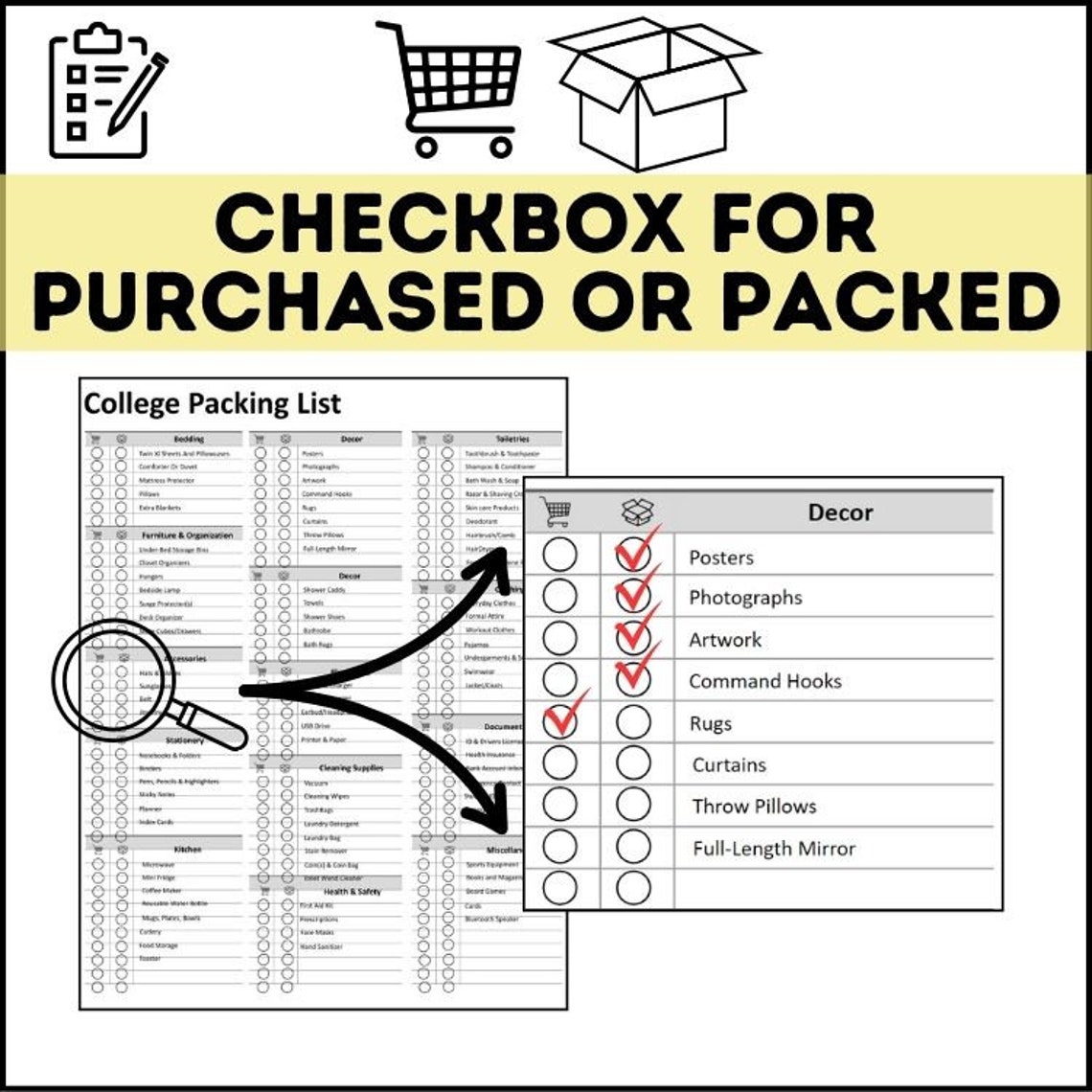 College Essentials Packing Checklists - Dorm Room Packing Lists! - Etsy