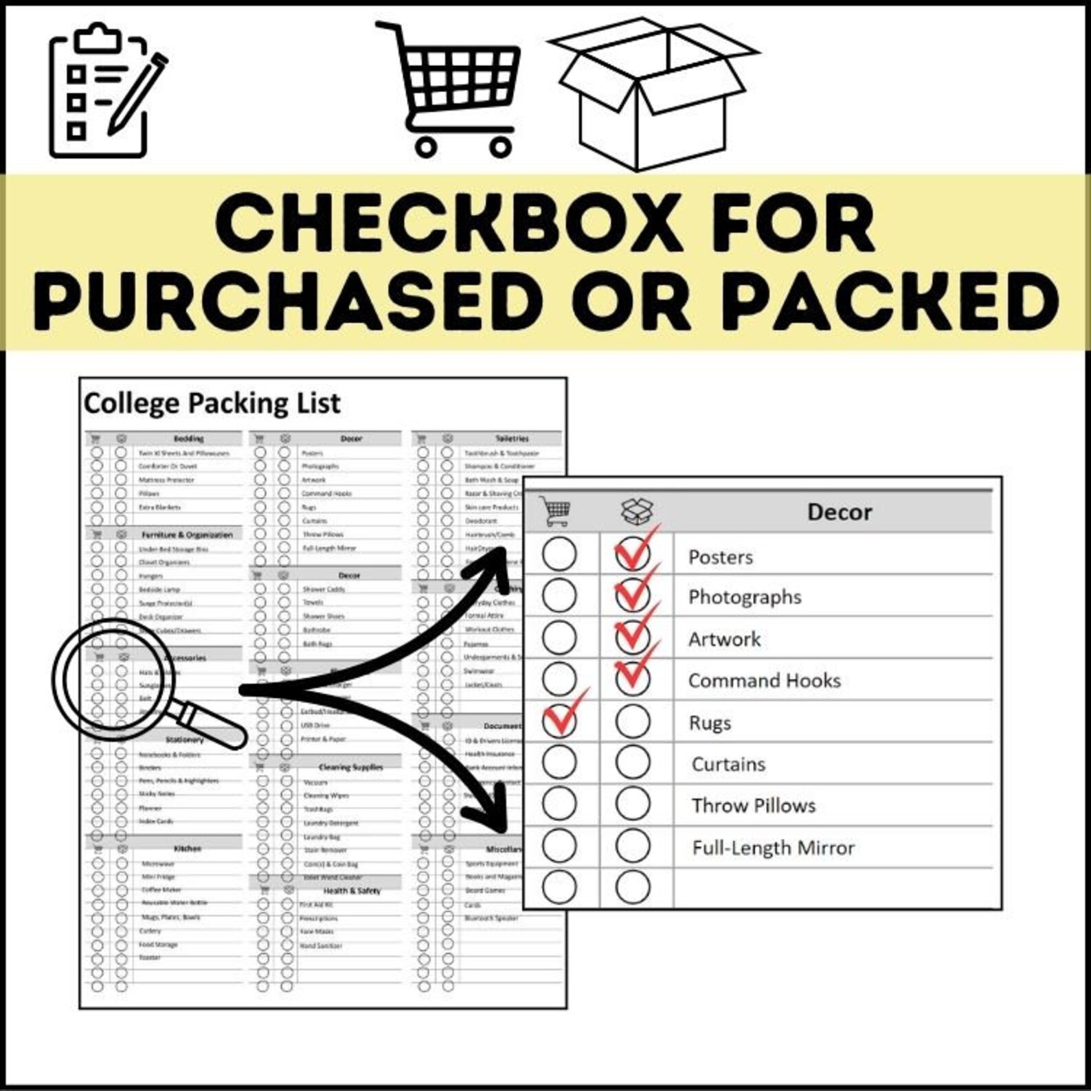 College Essentials Packing Checklists - Dorm Room Packing Lists! - Etsy