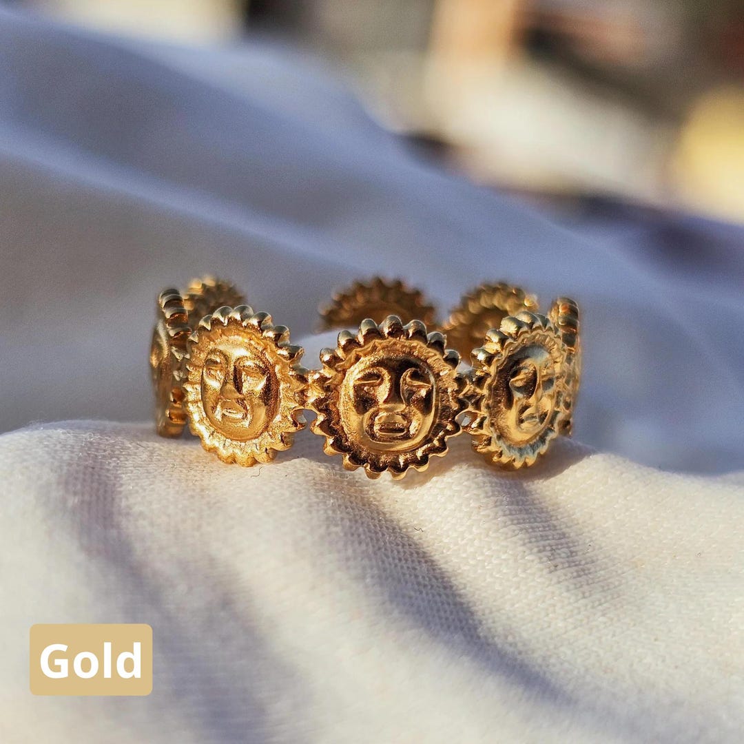 Gold Sun Ring Boho, Surfer Rings Summer, Silver, Adjustable, Textured ...