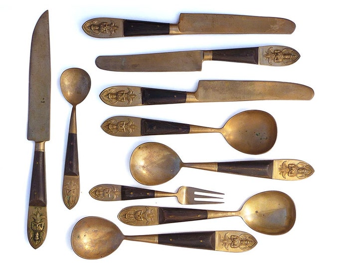 SIAM Thailand Brass & Teak Wood Flatware Circa 1940 1950 Cutlery Lotus ...