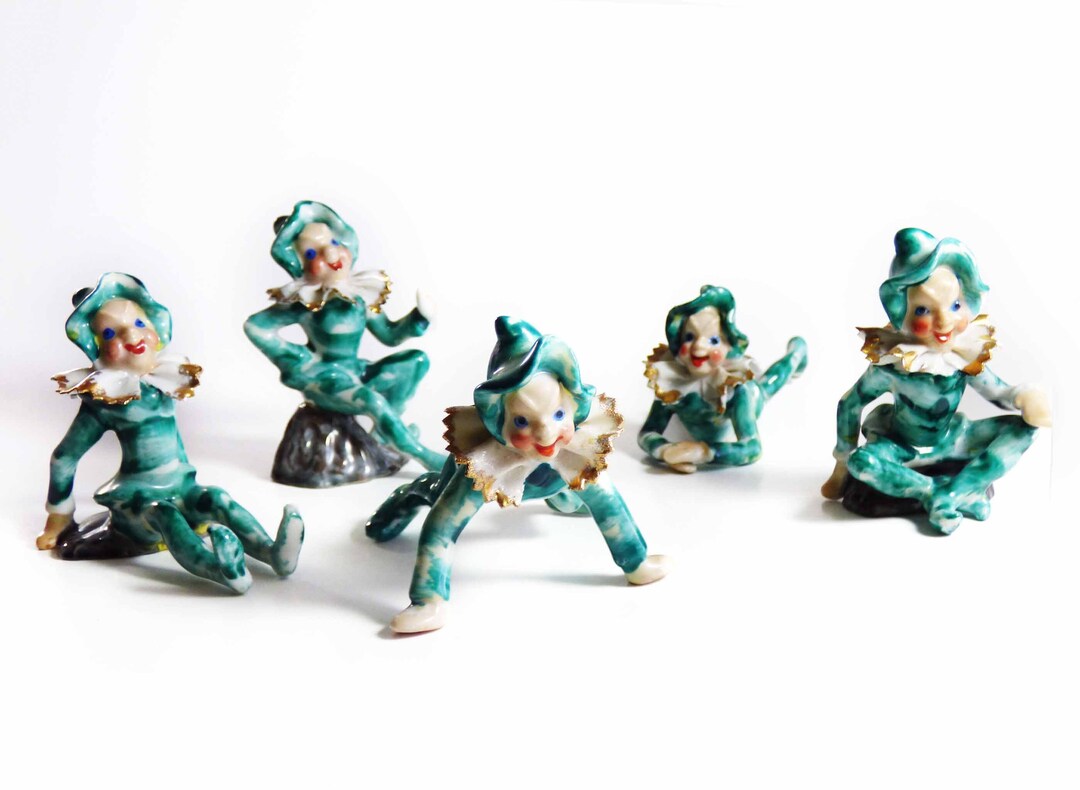 Set of 5 RIES Hand Decorated Porcelain Green Gold Pixie Elves 40s ...