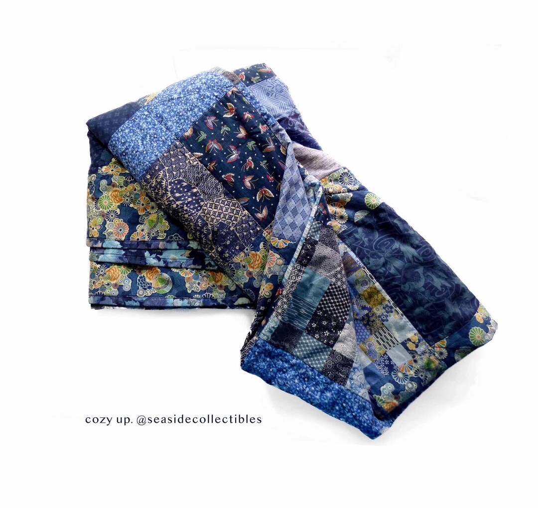 Late 1980s Block Pieced Patchwork Crazy Quilt Japanese Motifs in Blue ...
