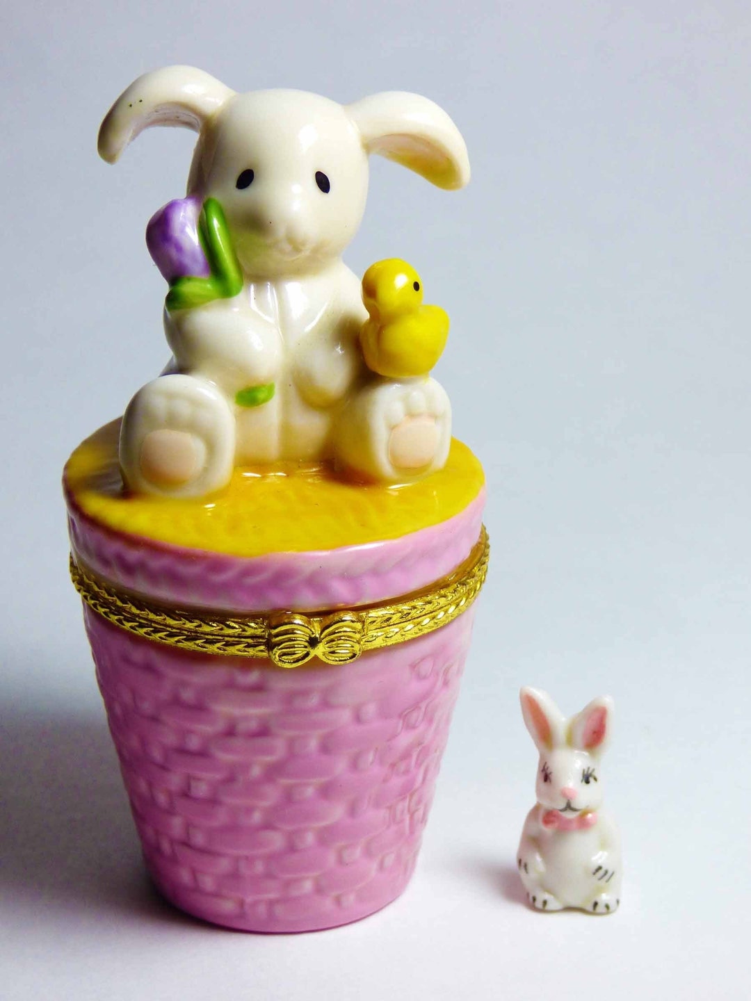 Porcelain Hinged Trinket Box Rabbit Baby Chick on Top Spring Basket ...