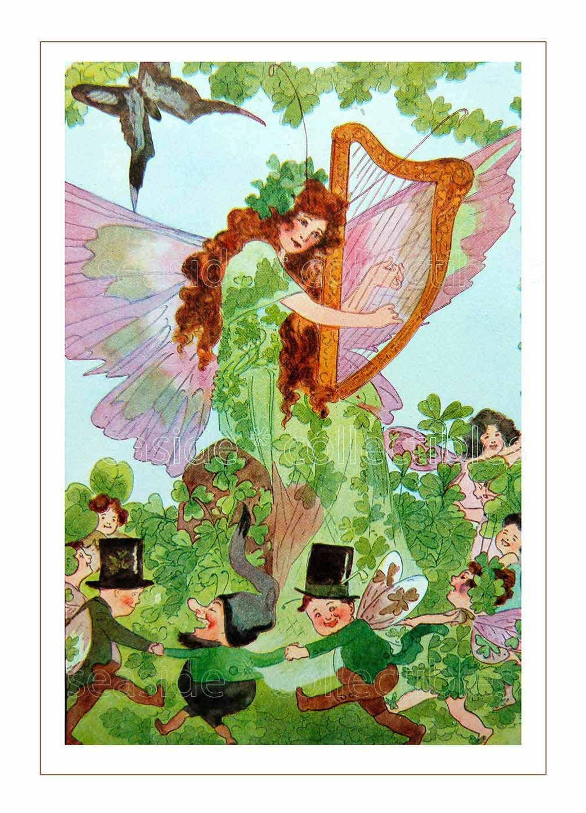 Fairy Queen Playing Harp St Patricks Day Book Art by A M Scott Art Deco ...