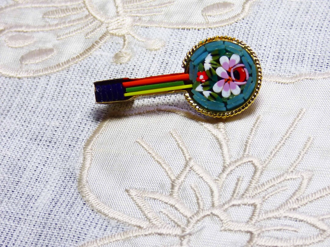 Micro Mosaic Millefiori Banjo Pin Brooch Italy Inlaid in a Gold Tone ...