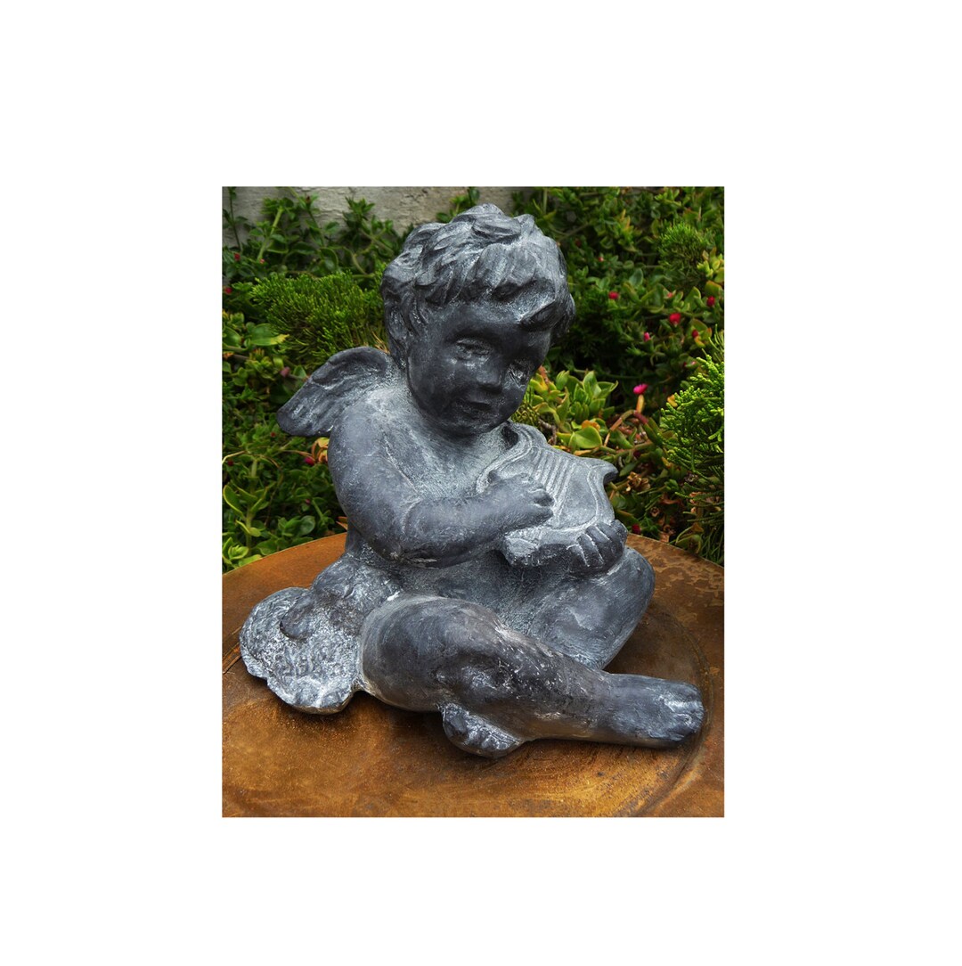 Winged Cherub Child Seated Playing a Harp With Resting Lamb Vintage ...