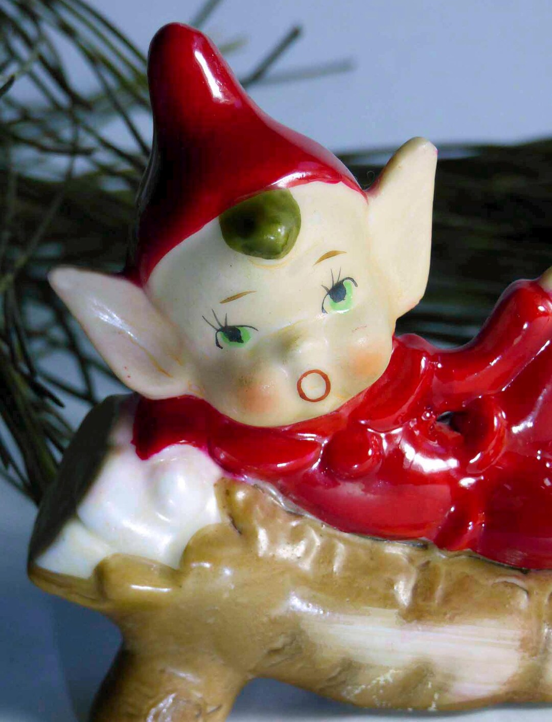 Pixie Elf Elves Lounging on Log Stump Legs up Vintage 1940s Porcelain ...